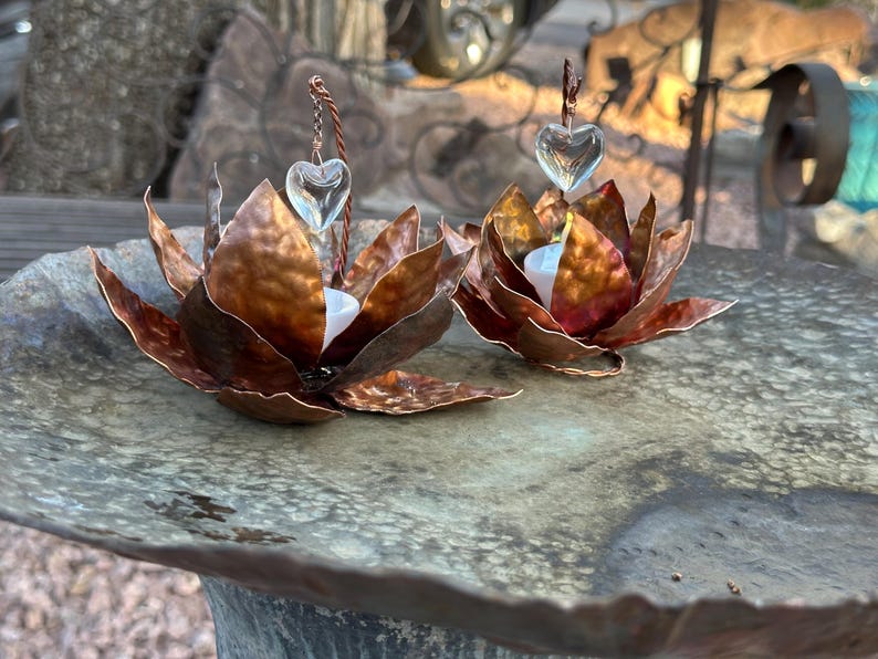Copper Lotus Flower Heart Handmade Metal Tabletop Centerpiece Home ...
