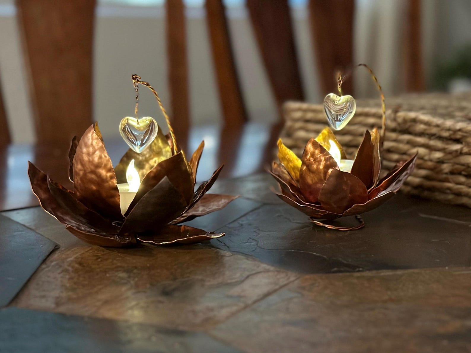 Copper Lotus Flower Heart Handmade Metal Tabletop Centerpiece Home ...