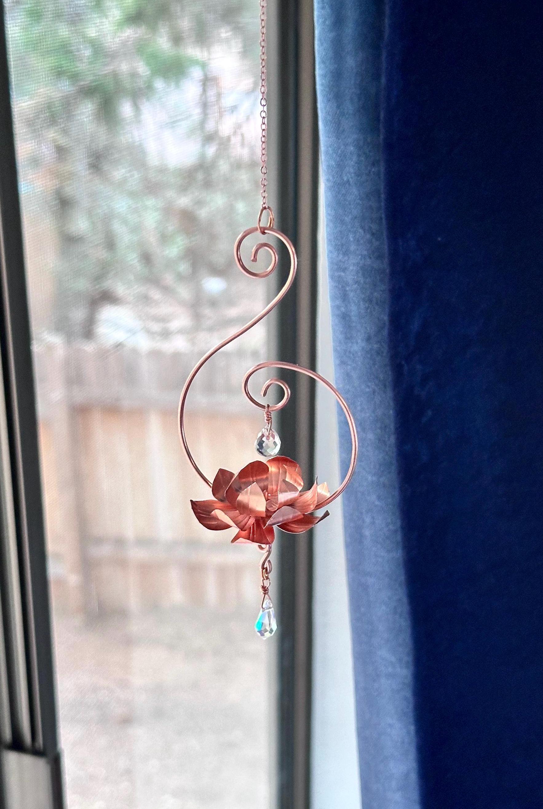Window Pure Copper Lotus Flower and Rainbow Prism Dangle Rear View ...