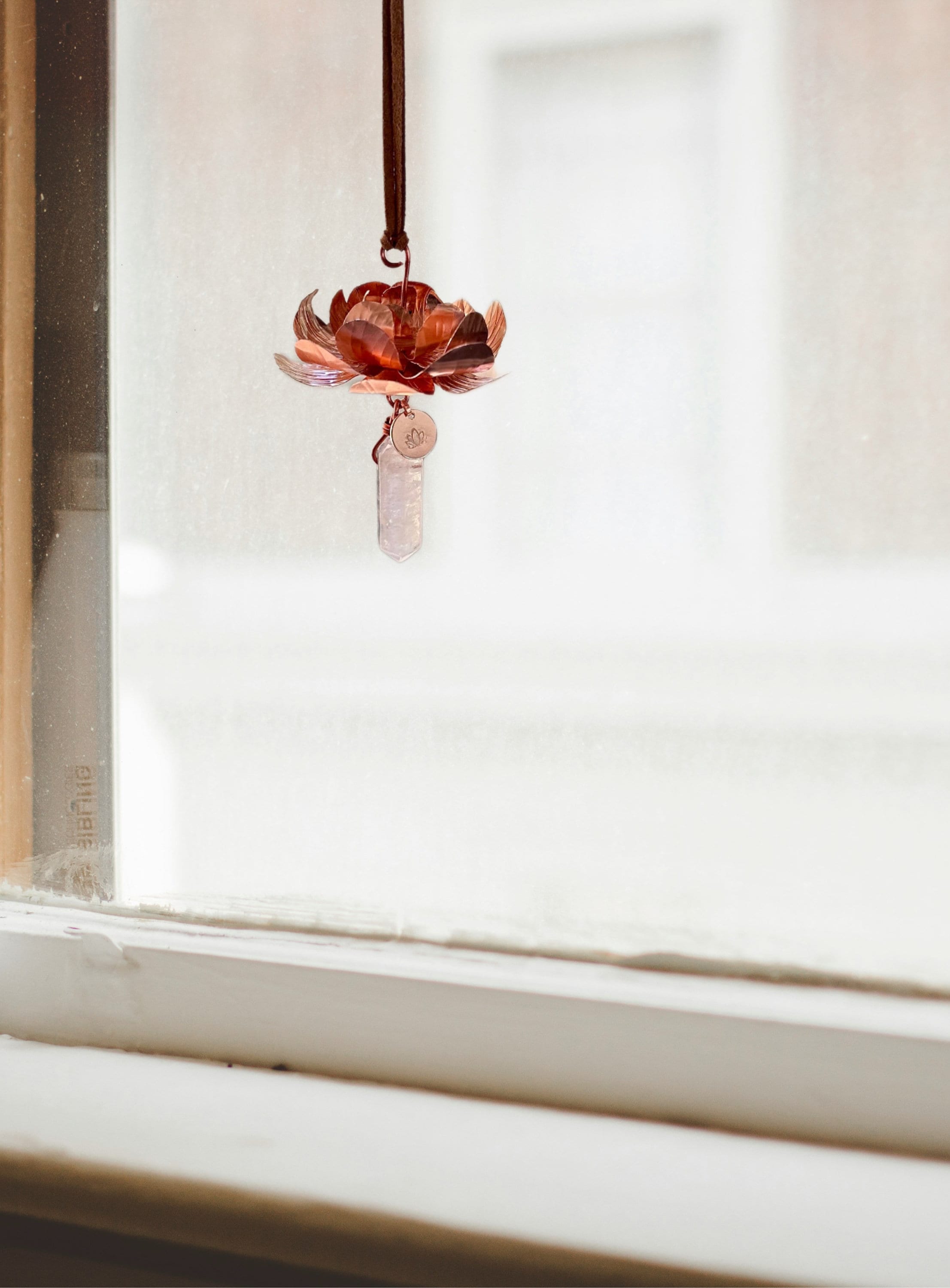 Handmade Copper Lotus Flower and Gemstone Window Dangle Rear View ...