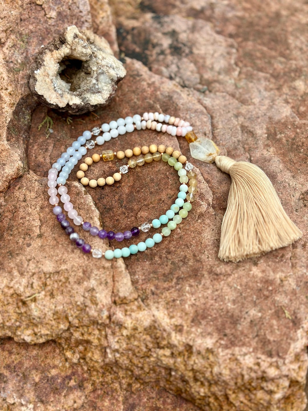 Gemstone 108 Stone Mala Natural Healing Gem and Wood Mala Necklace ...