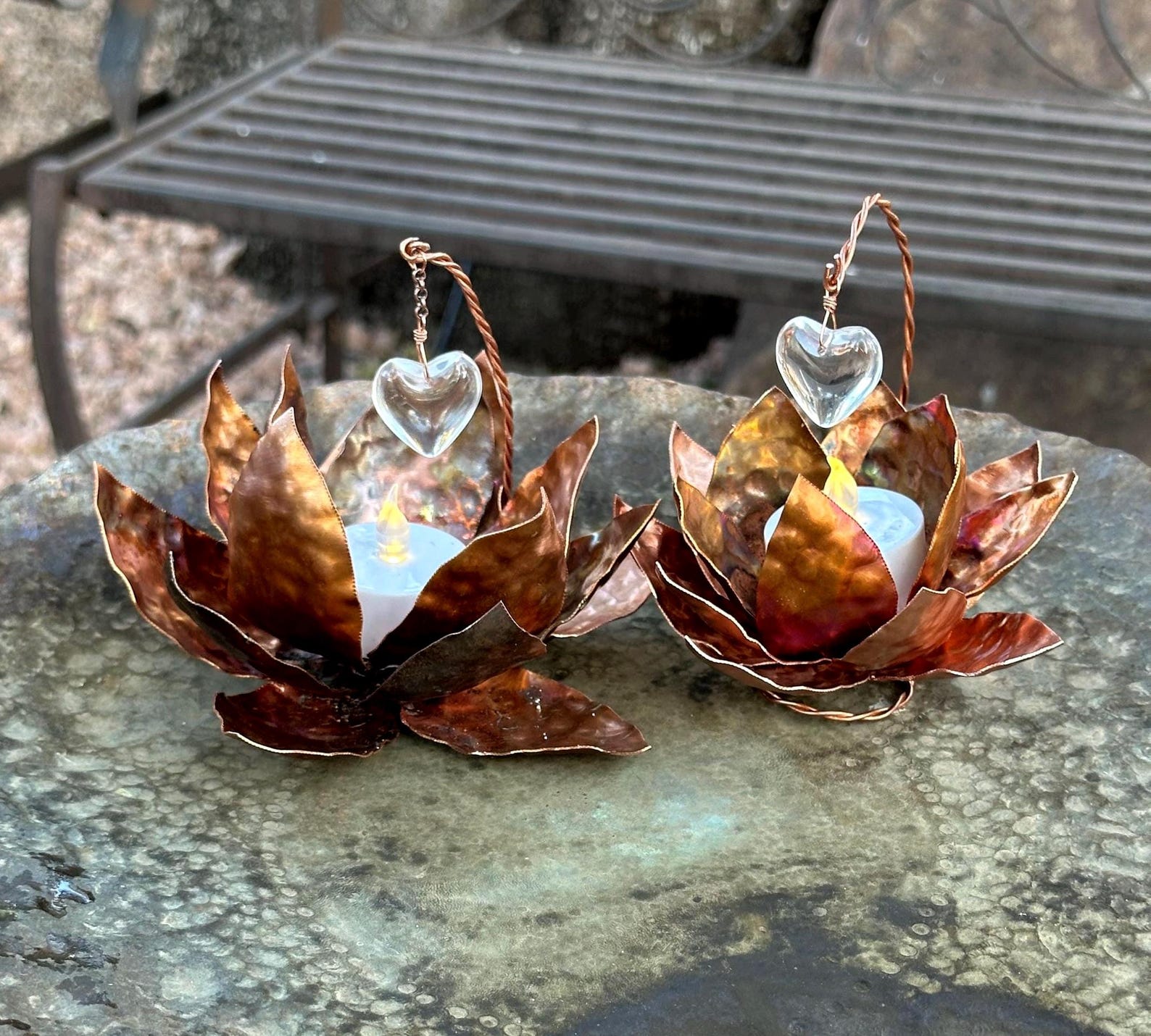 Copper Lotus Flower Heart Handmade Metal Tabletop Centerpiece Home ...
