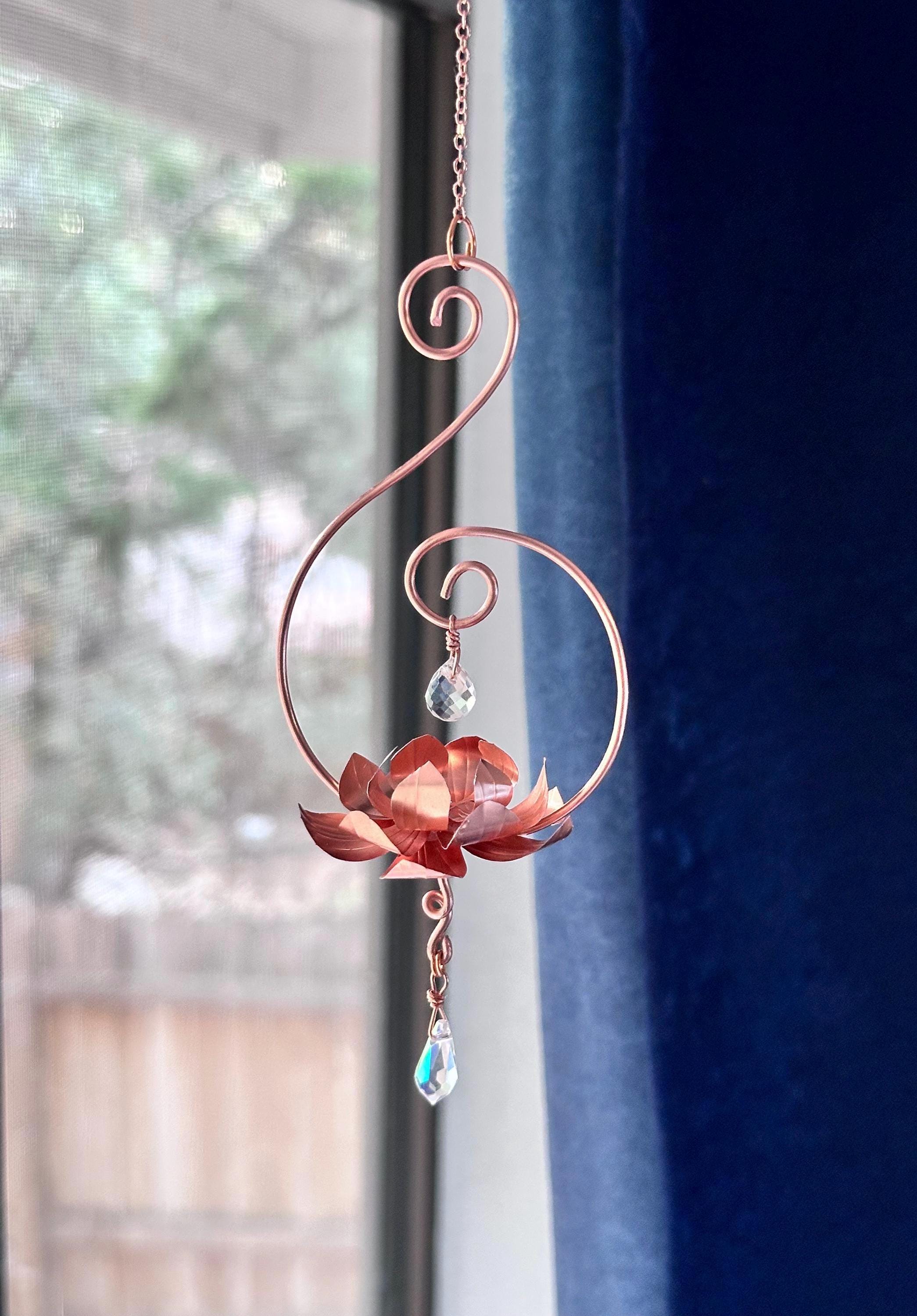 Window Pure Copper Lotus Flower and Rainbow Prism Dangle Rear View ...