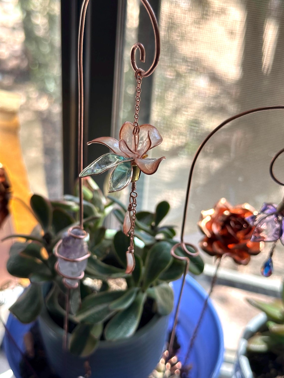 Handmade Plant Spikes UV Resin & Copper Wire Dangling Flower Indoor ...
