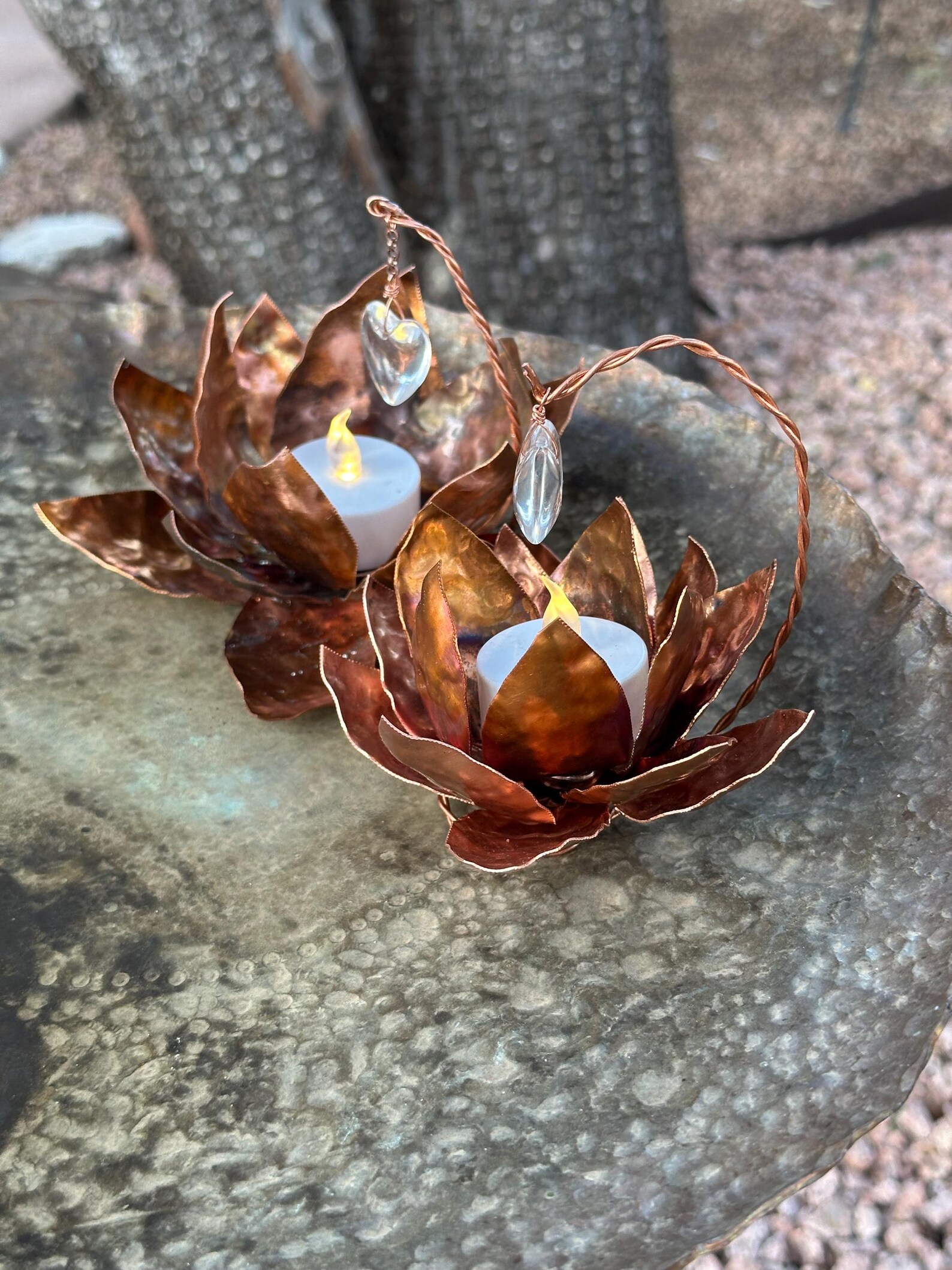 Copper Lotus Flower Heart Handmade Metal Tabletop Centerpiece Home ...