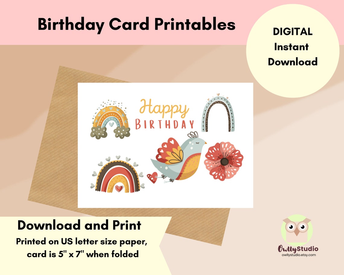 Printable Birthday Card, Happy Birthday Digital Printable Card, Cute ...