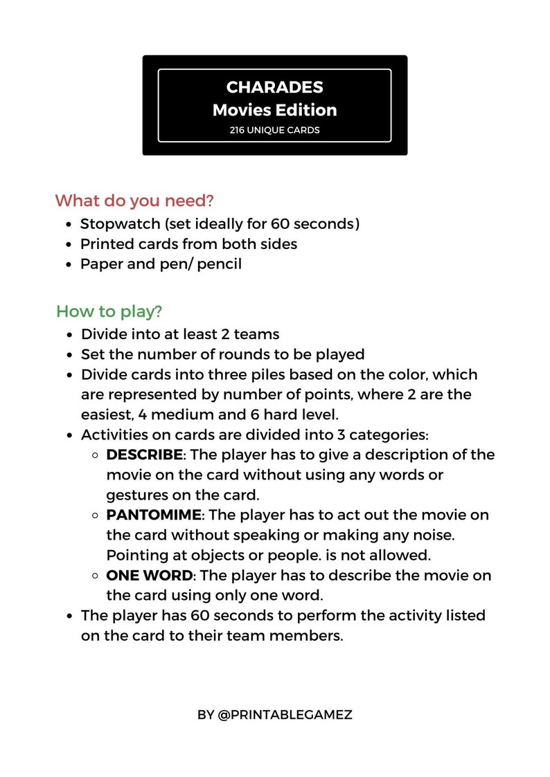 Printable Charades Game | 216 Action Charades Cards | Pictionary ...