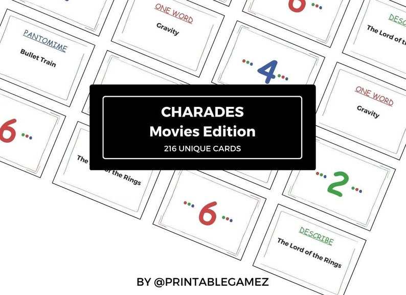 Printable Charades Game | 216 Action Charades Cards | Pictionary ...