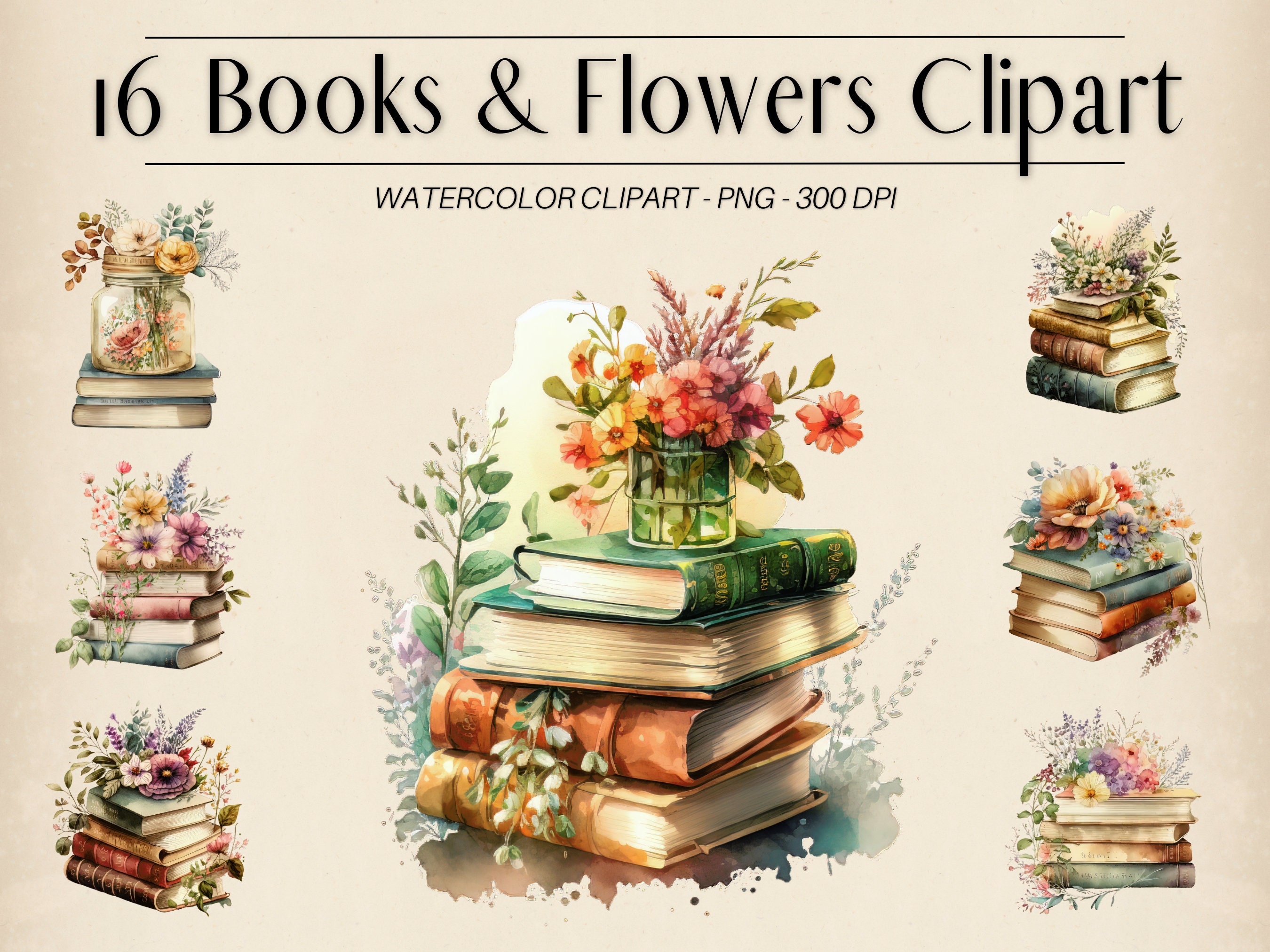 Watercolor Book Clipart Bundle, Scrapbook Ephemera for Booklover ...