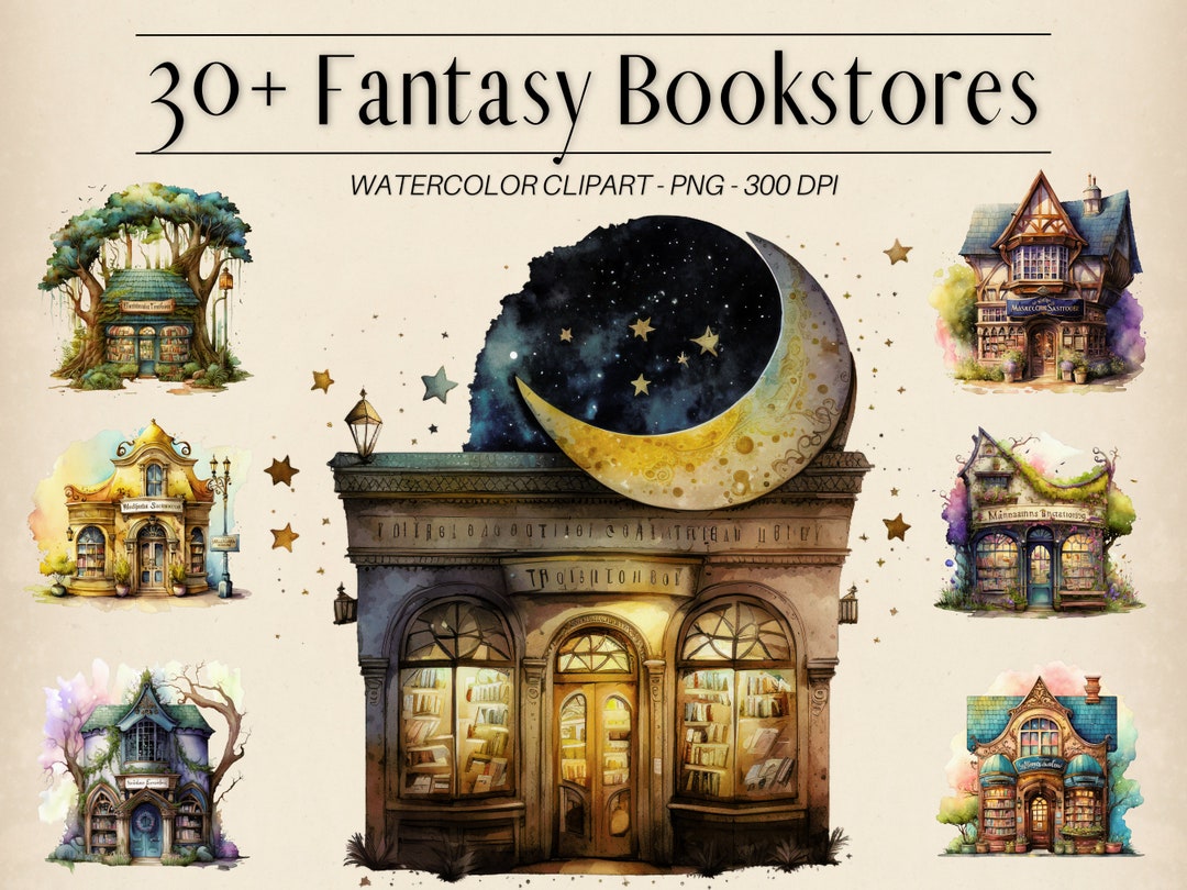 Fantasy Bookstore Clipart Bundle, Books Clipart, Watercolor Clipart ...