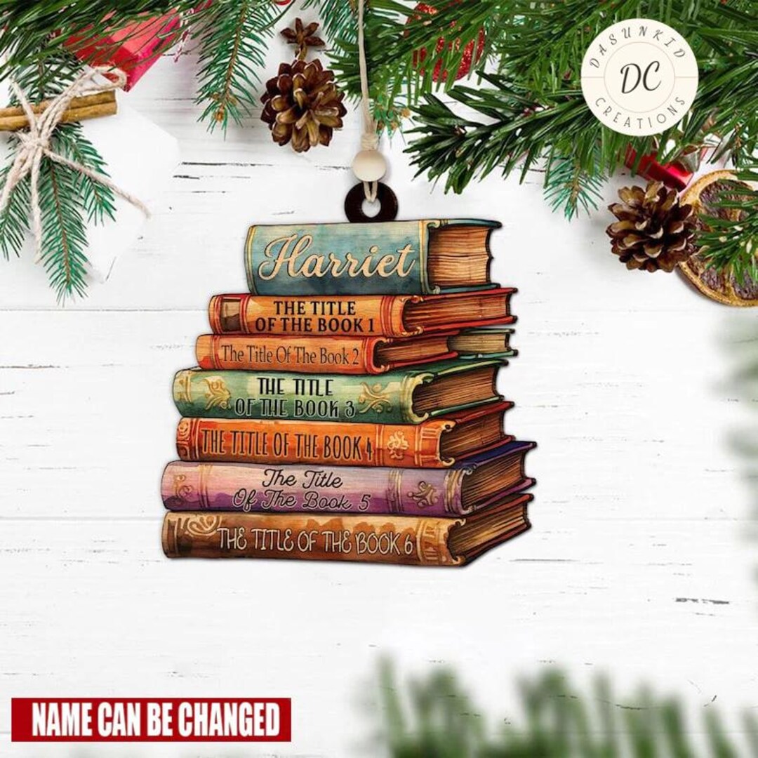 Personalized Name Bookstack Christmas Shaped Ornament, Book Lover ...