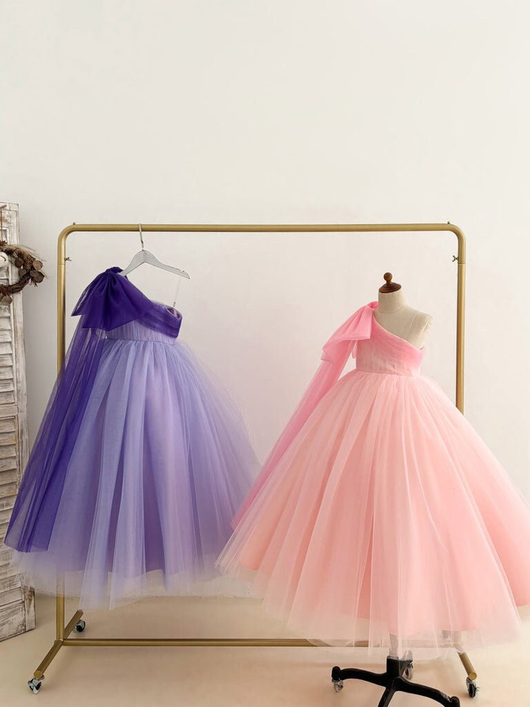 One Shoulder Draping Pink/lavender Purple Tulle Wedding Flower Girl ...