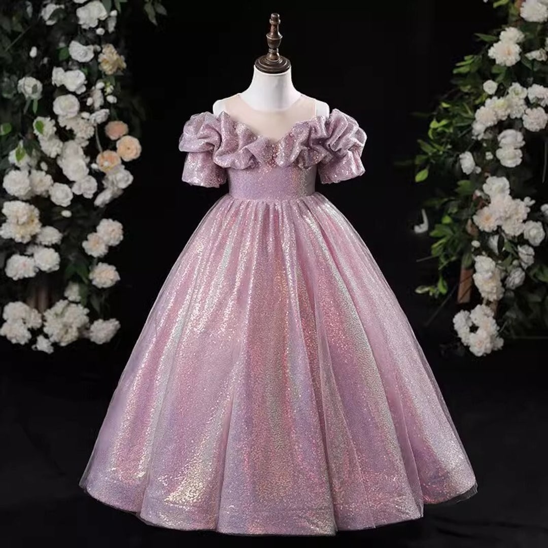 Dreamy Pink Sparkle Sequin Tulle Wedding Flower Girl Dress, Full Length ...