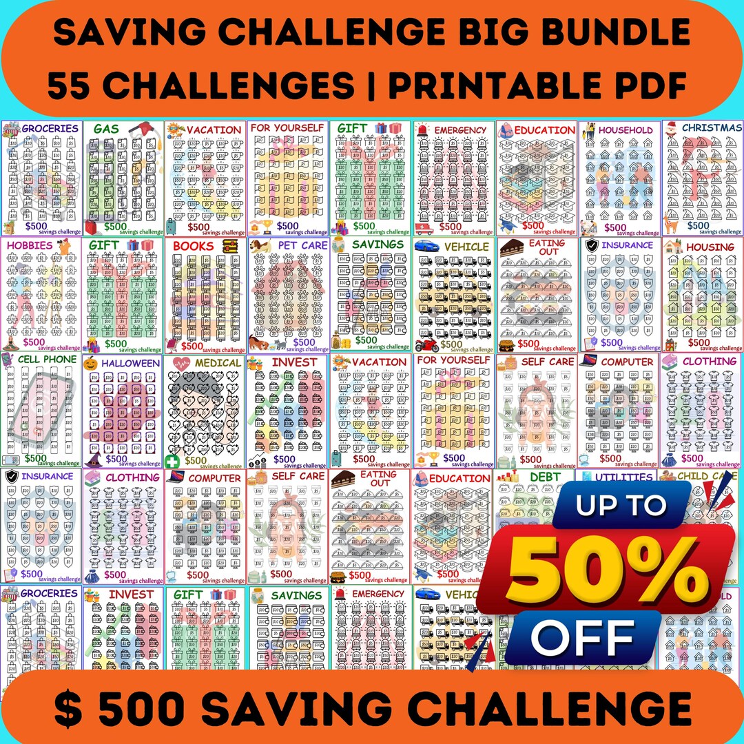 500 USD Savings Challenge Big Bundle, Printable, Set of 55, A6 Budget ...