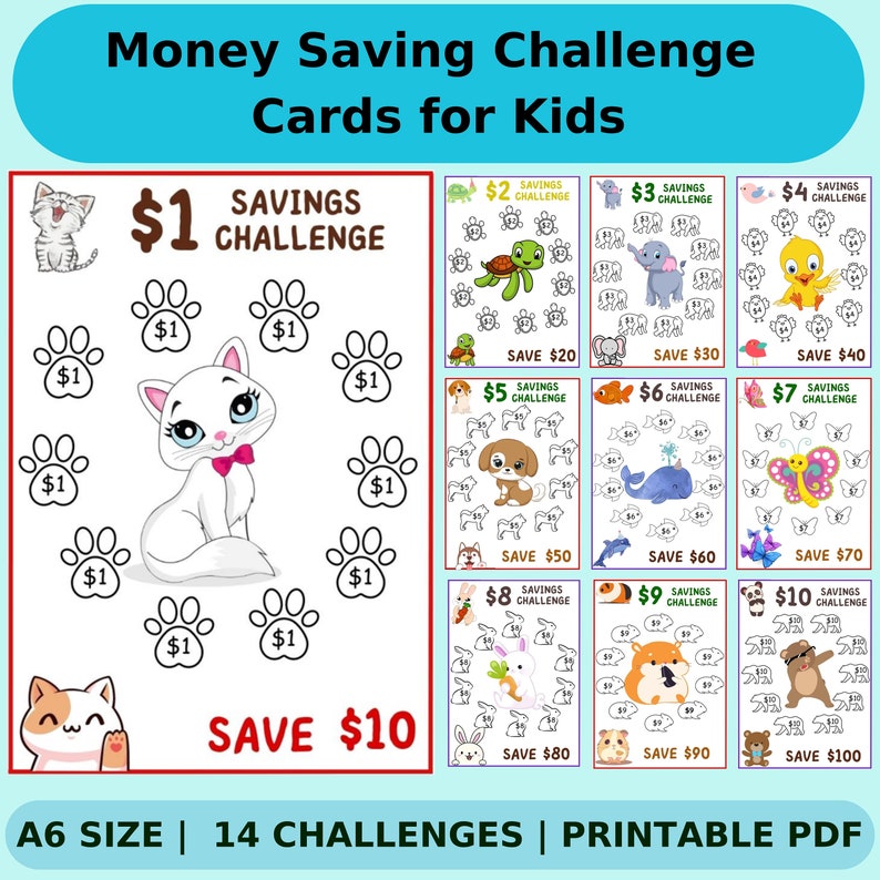 Kids Animal Savings Challenge: A6 Tracker Set (printable PDF) - Etsy