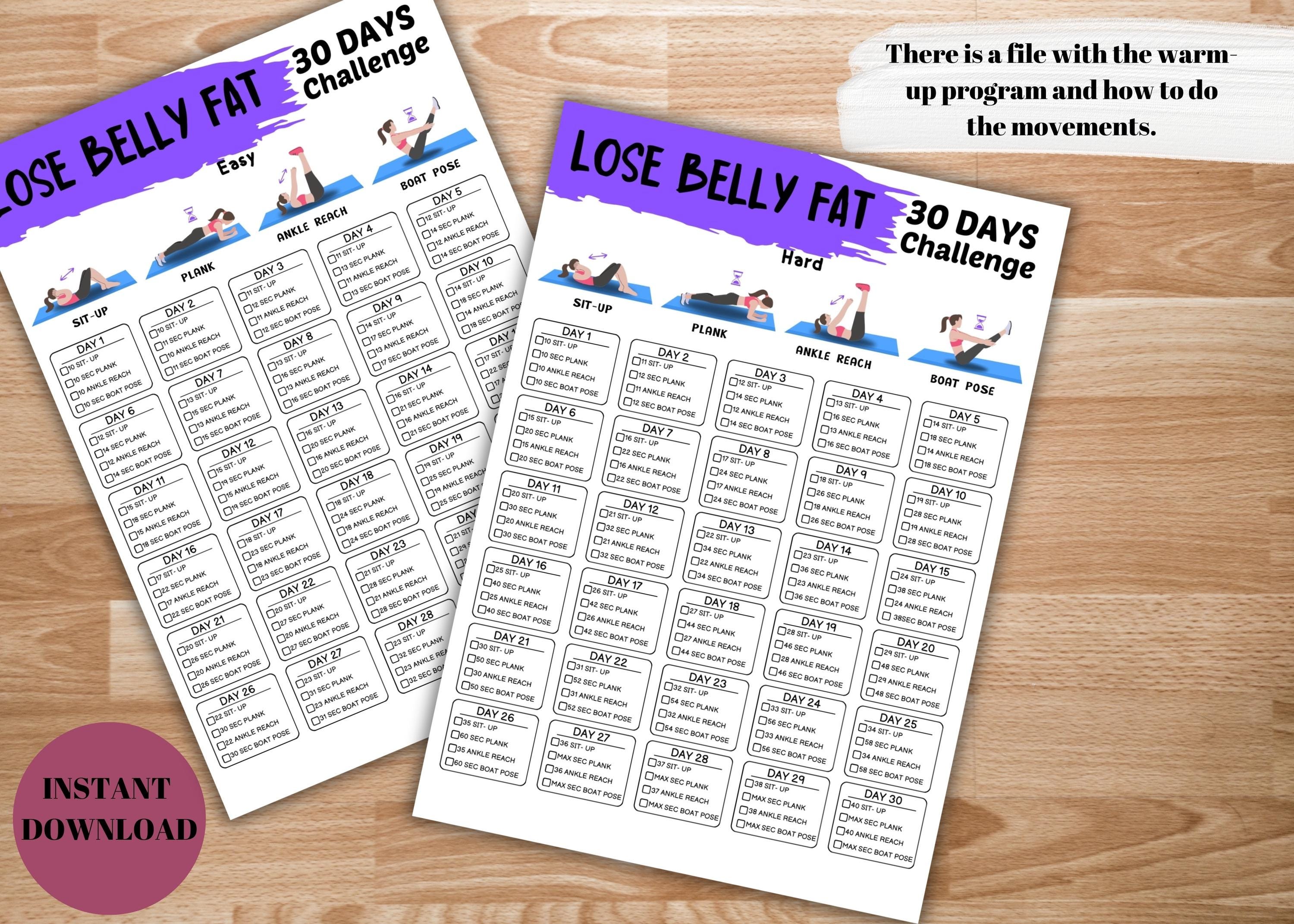 30-day Belly Fat Burn Challenge, Home Workout Plan, 2 Difficulty Levels ...