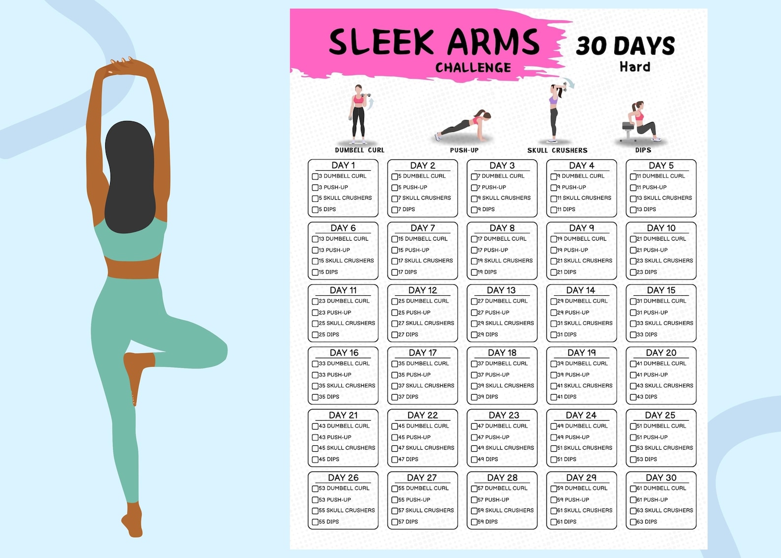 30 Day Sleek Arm Challenge | Printable Workout Plan | Home Fitness ...