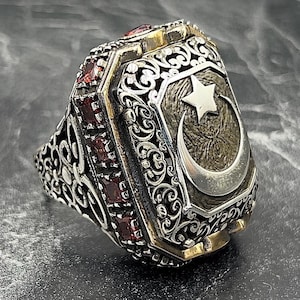 925K Turkish Flag Ring, Sterling Silver Moon & Star Ring, Ottoman Style ...