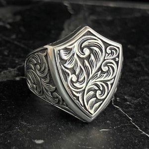 Handmade Engraved Shield Men Ring, Silver Shield Signet Ring, Ancient ...