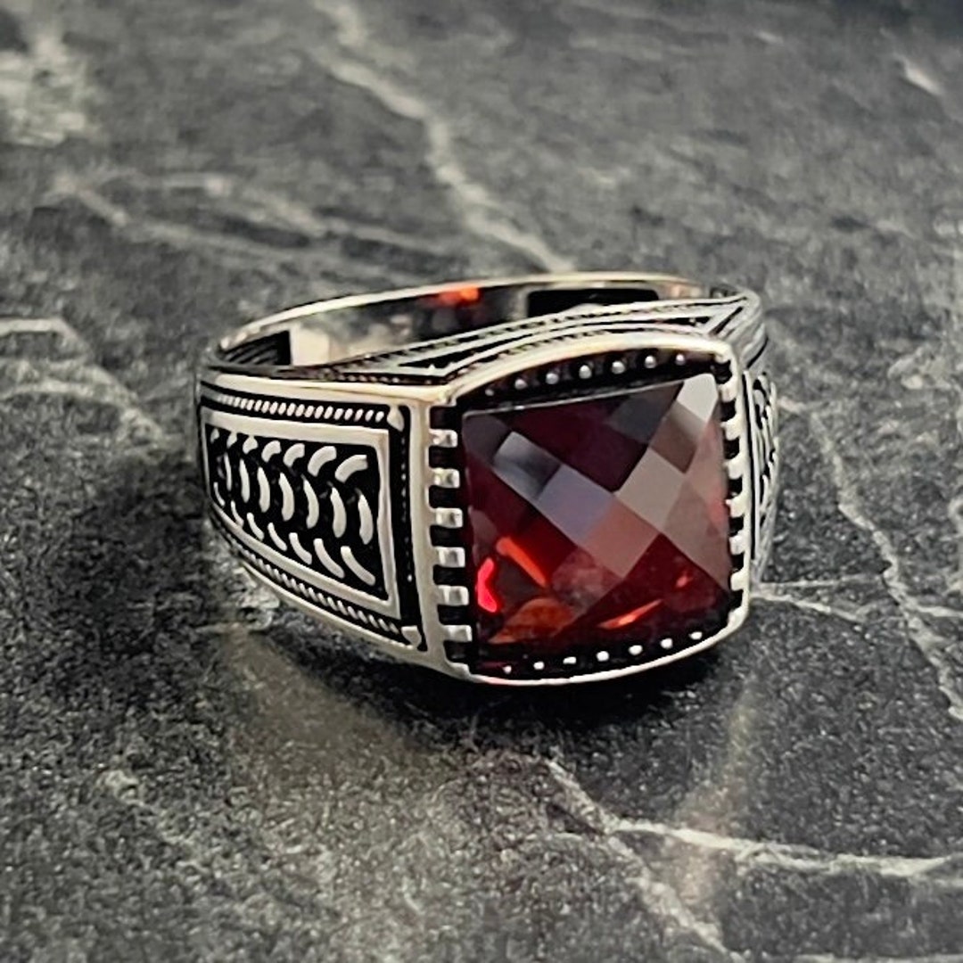 Men Square Dark Red Garnet Stone Silver Ring, Natural Red Stone Mens ...