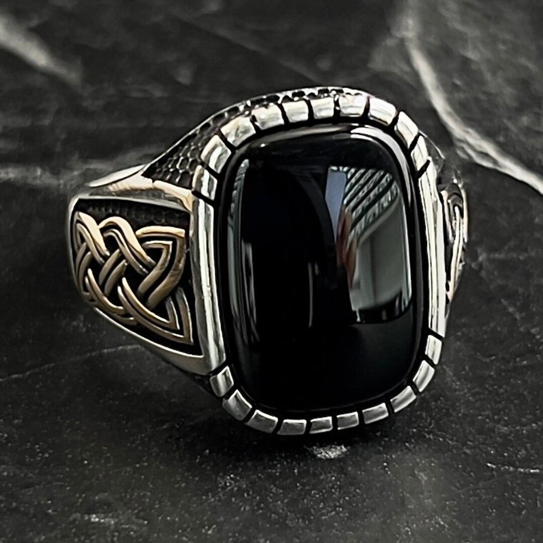 Men Silver Natural Black Onyx Gemstone Ring, Men Handmade Ring, Embroidered Knitted Pattern Ring ...