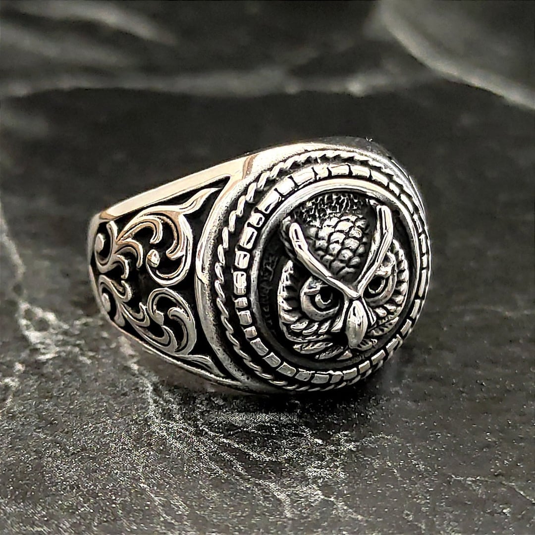 Silver Owl Engraved Mens Ring , Silver Wild Bird Animal Ring , Birds of ...