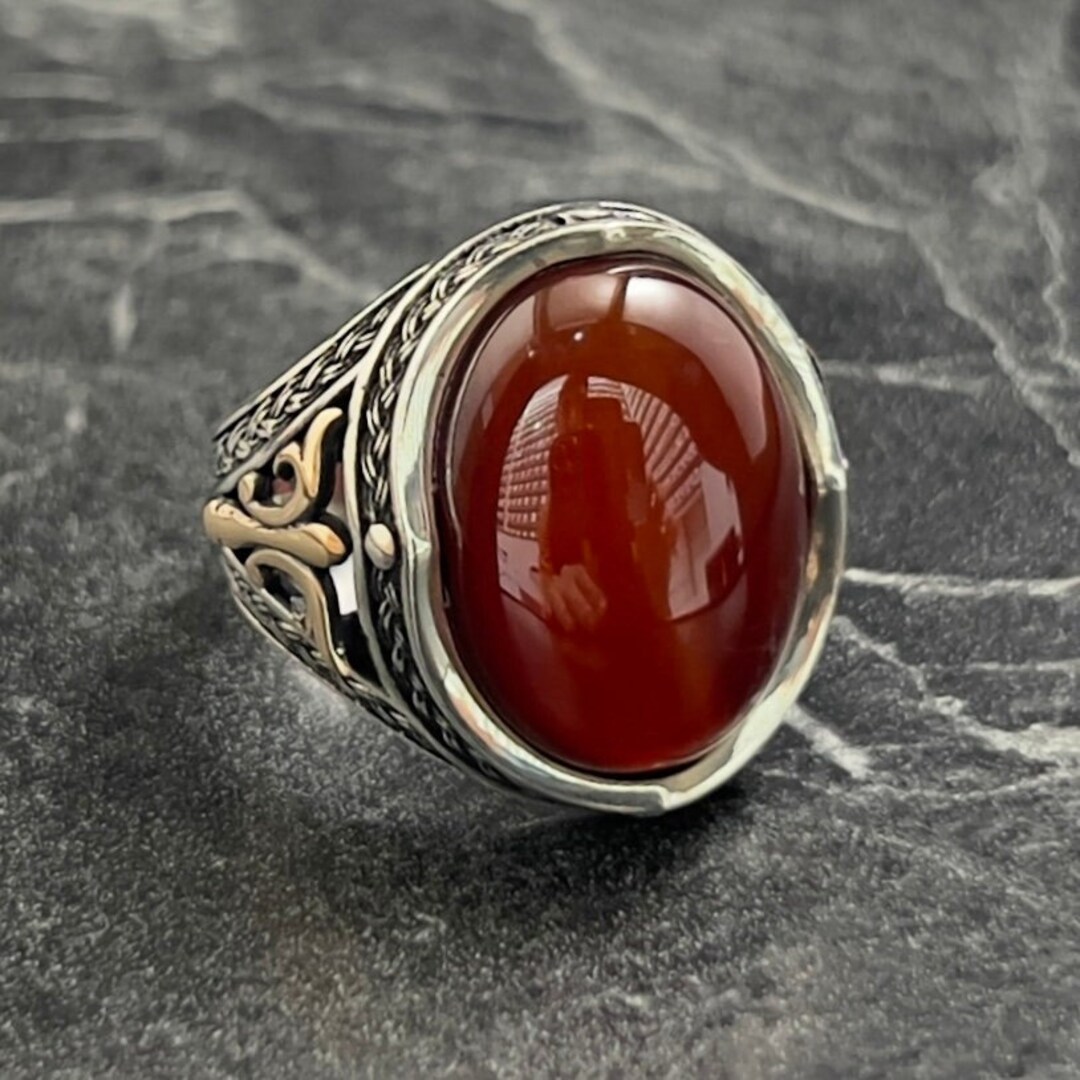 Mens Oval Red Agate Stone Silver Ring, Carved Agate Gemstone Ring ...