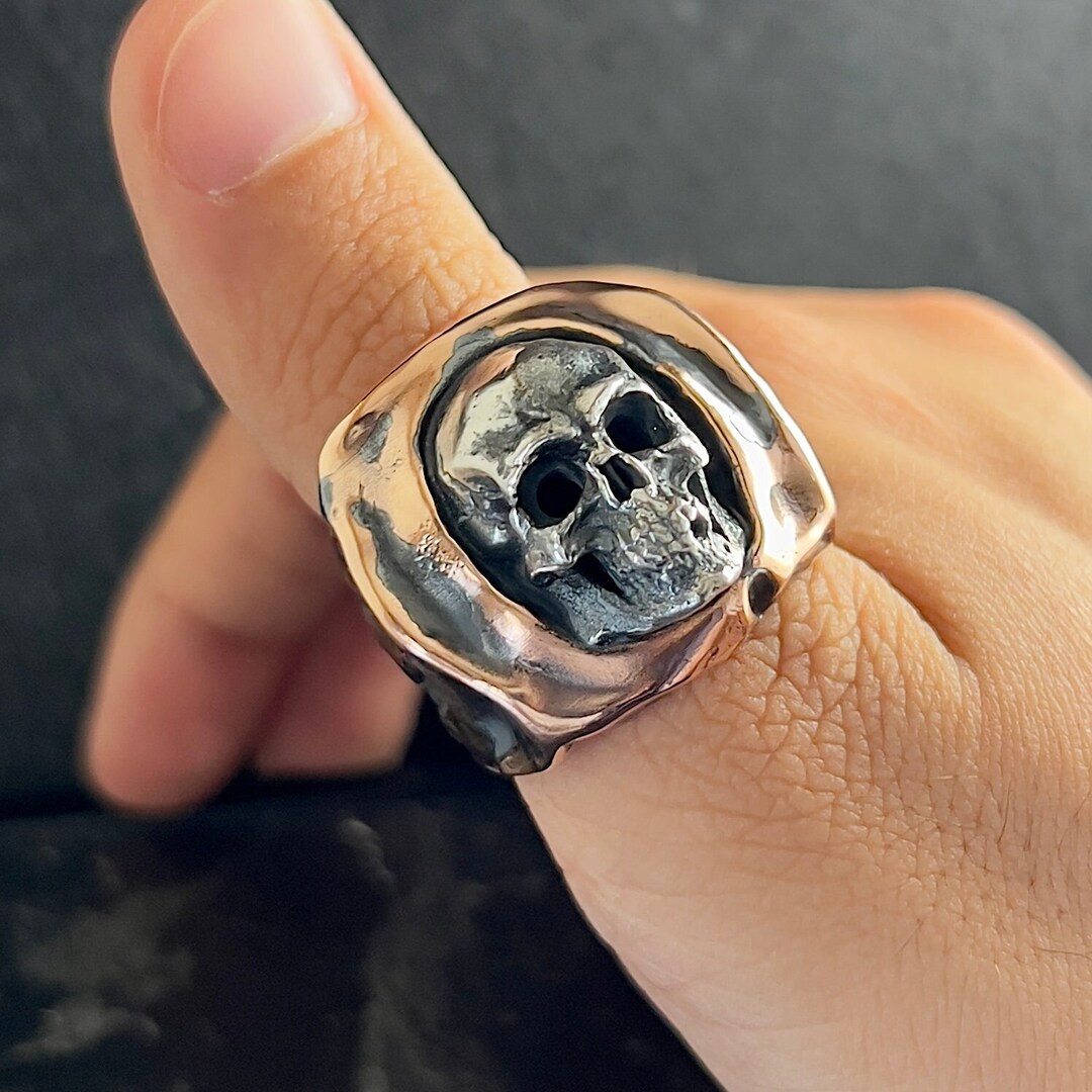 Mens Skull Sterling Silver Ring, Handmade Medieval 925K Sterling Silver Ring, Engraved Skull Men ...