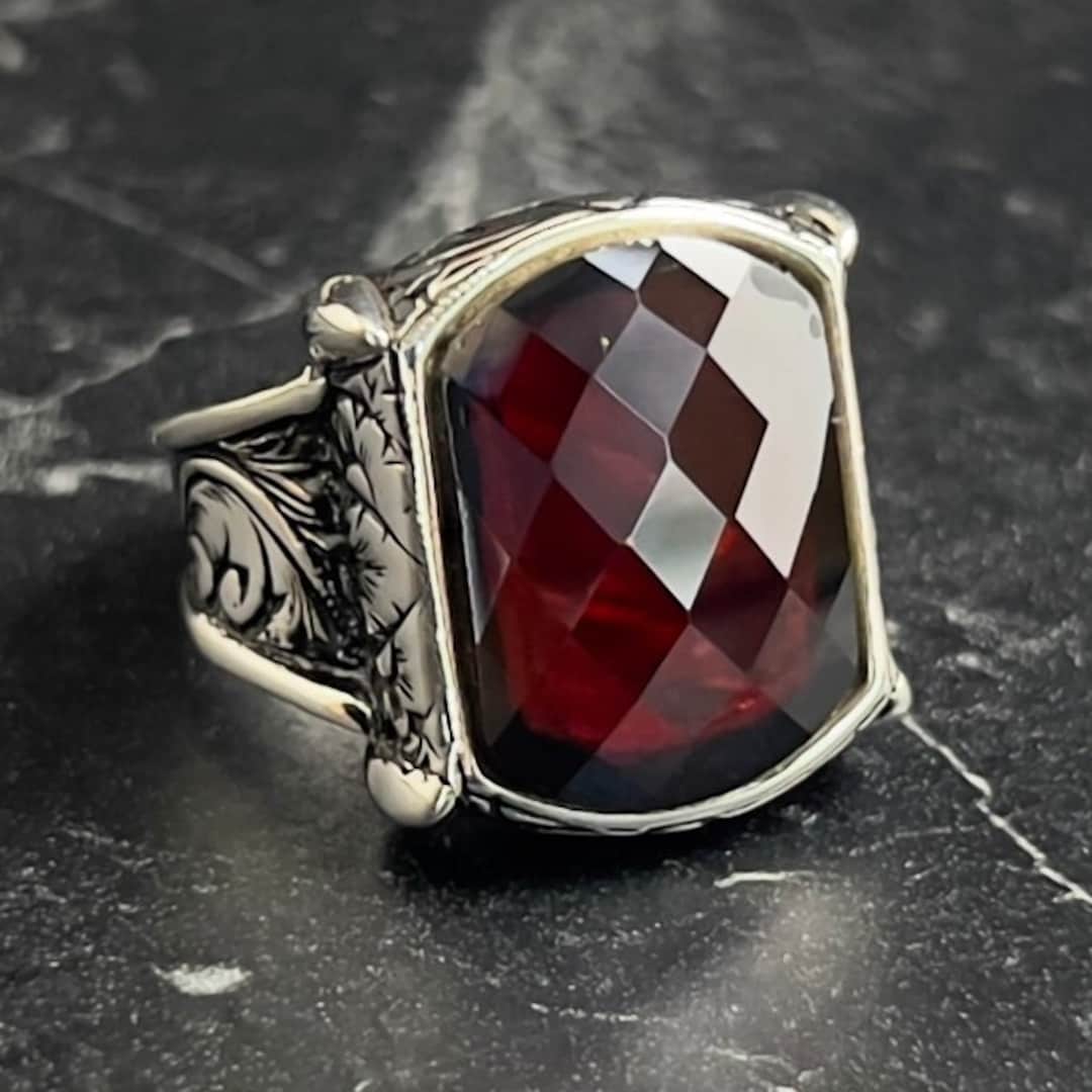 Men Square Red Garnet Gemstone Silver Ring, Men Red Stone Silver Ring ...