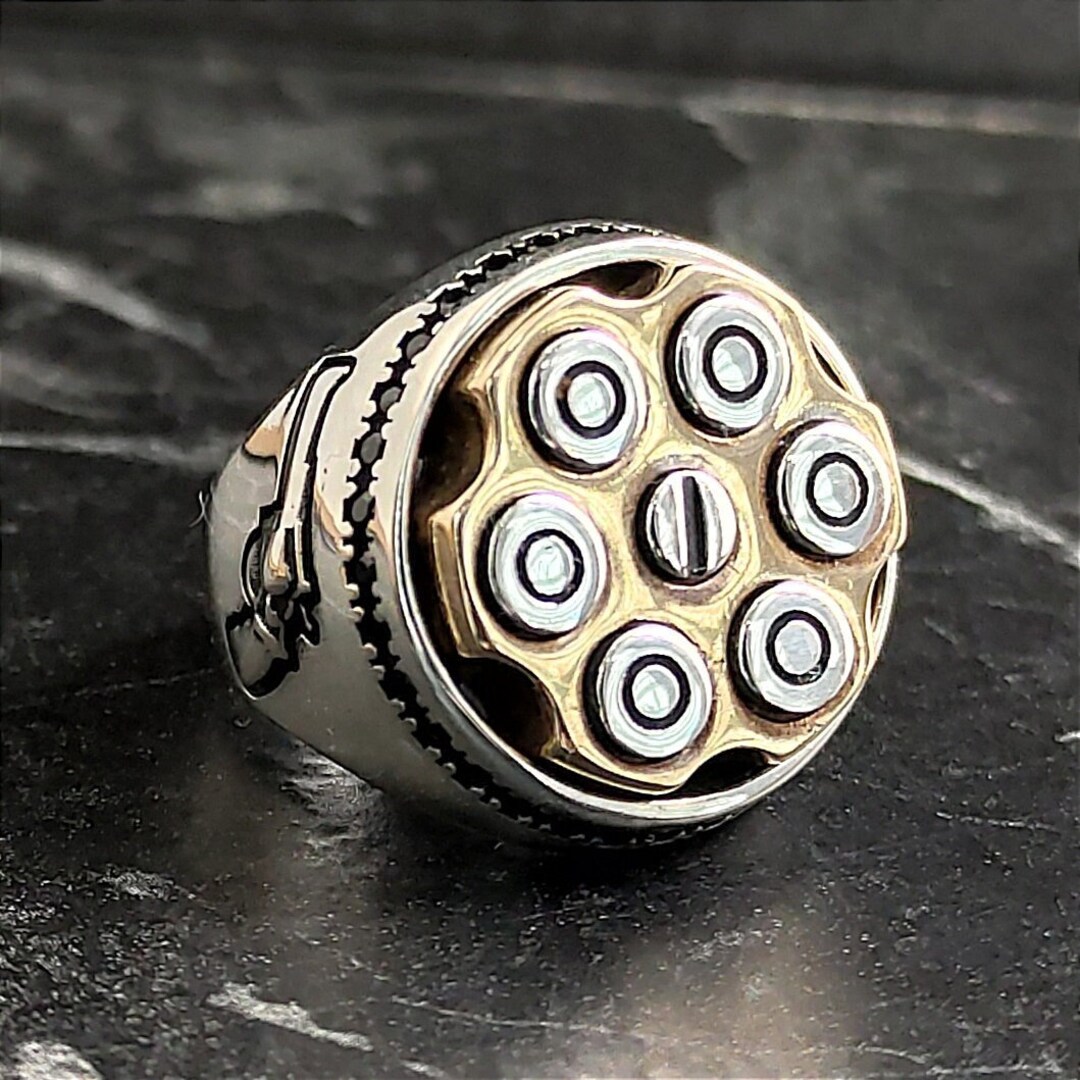 Men Silver Magnum Revolver Weapon Ring, Silver Rotating Bullet Model ...