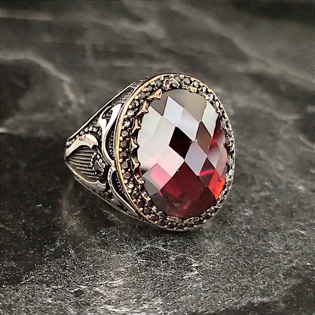Silver Red Garnet Stone Men Ring , Red Ruby Gemstone Ring , Turkish ...