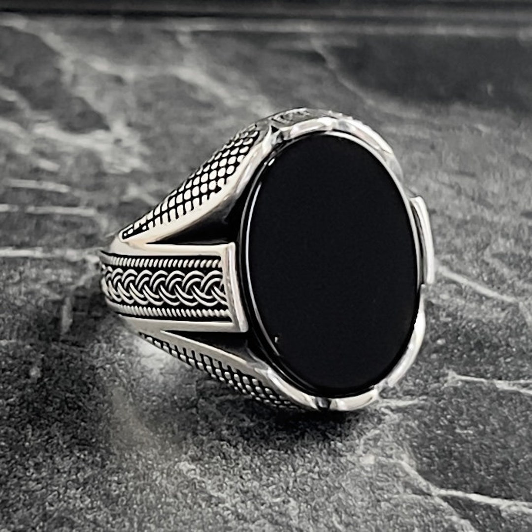 Mens Silver Oval Black Onyx Gemstone Ring, Big Onyx Stone Mens Ring ...