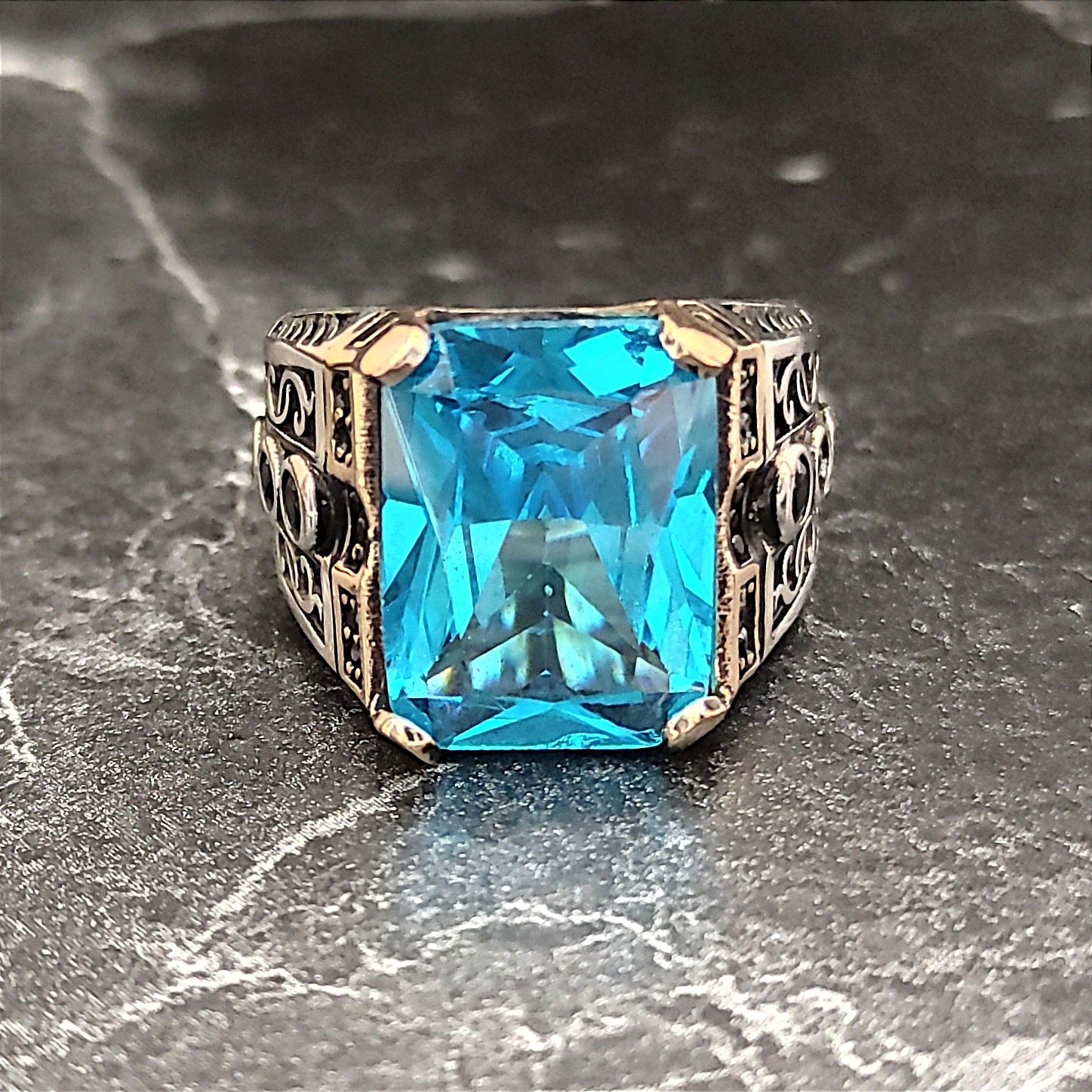 Men Silver Blue Gemstone Ring , Men Handmade Aquamarine Stone Ring ...