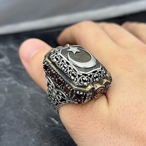 925K Turkish Flag Ring, Sterling Silver Moon & Star Ring, Ottoman Style ...