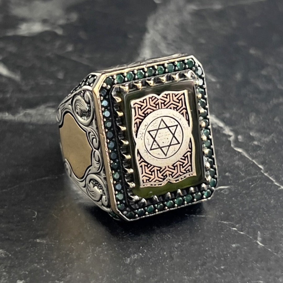 Seal of Solomon Patterned Zircon Stone Men's Ring, Silver Star of ...
