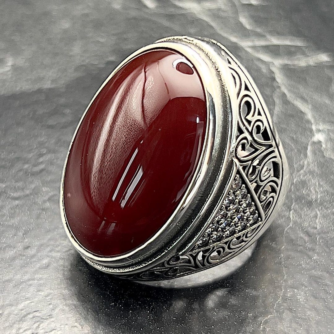 Mens Silver Red Agate Ring, Vintage Oval Statement Ring, Bold Gemstone ...