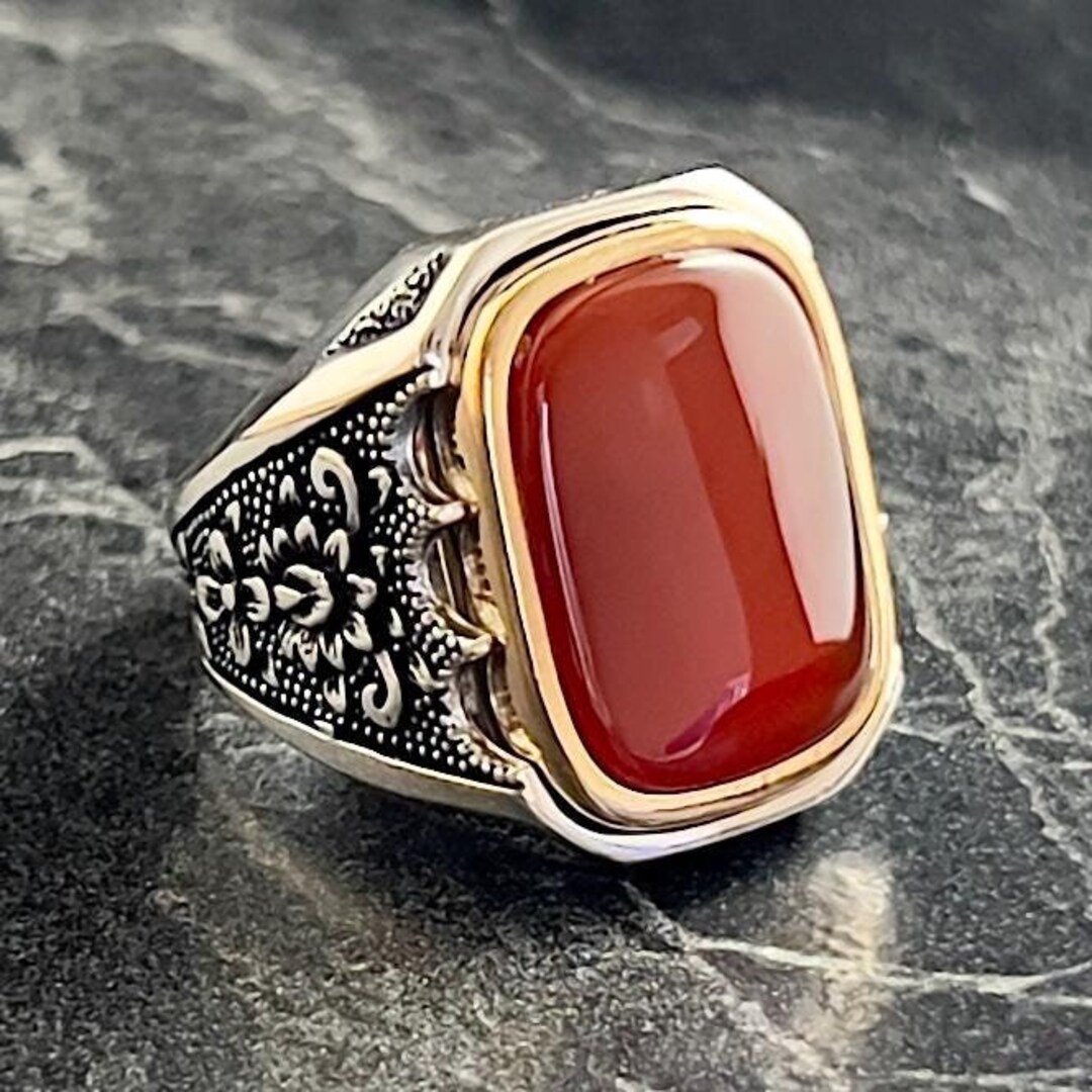 Silver Red Agate Signet Ring for Men, Handmade Agate Aqeeq Ring, Floral ...