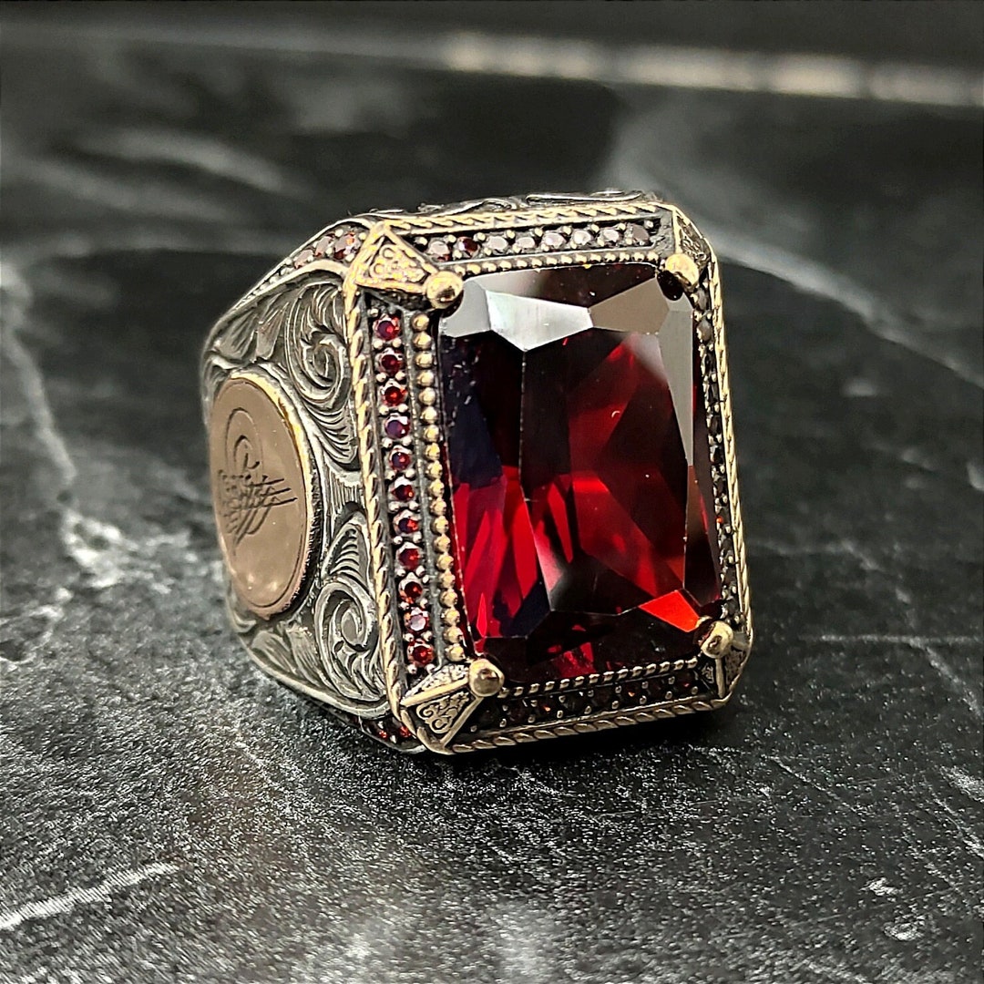 Men Silver Red Garnet Stone Ring , Men Handmade Ring , Silver Red Ruby ...