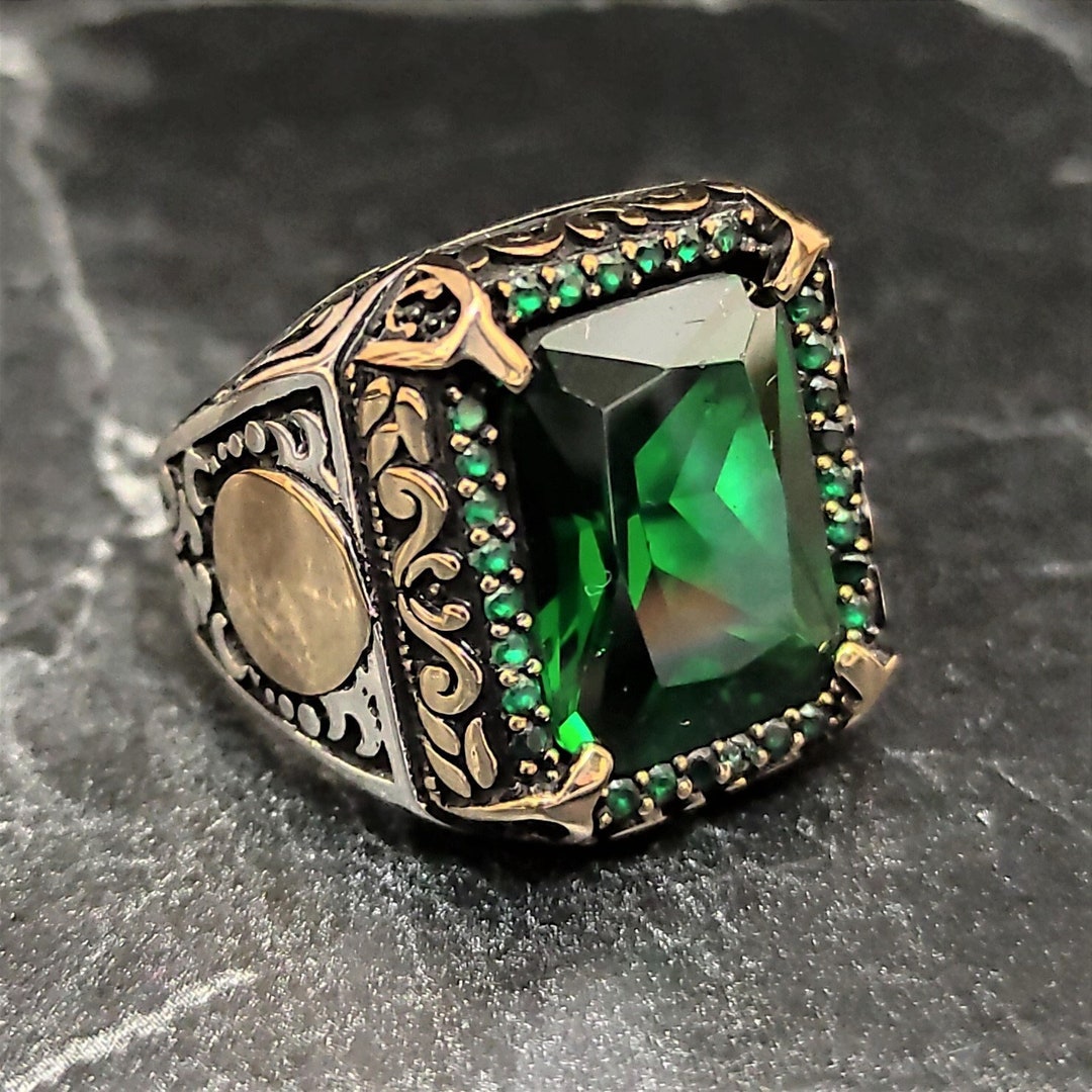 Men Silver Green Stone Ring , Silver Green Emerald Gemstone Ring ...