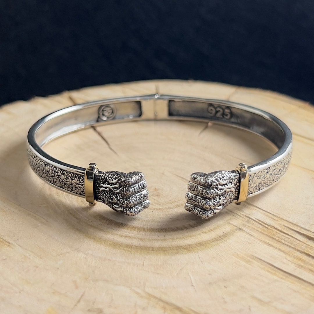 Handmade Punch Adjustable Mens Silver Bracelet, Silver Fist Shape ...