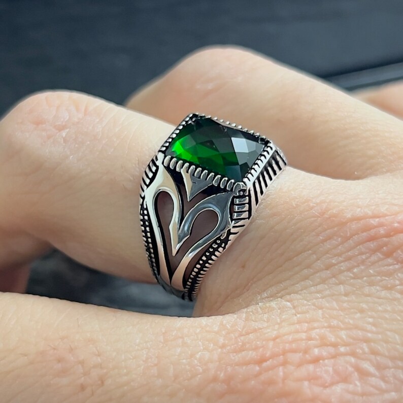 Mens Square Green Emerald Gemstone Silver Ring, Natural Dark Green ...