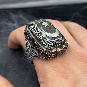 925K Turkish Flag Ring, Sterling Silver Moon & Star Ring, Ottoman Style ...