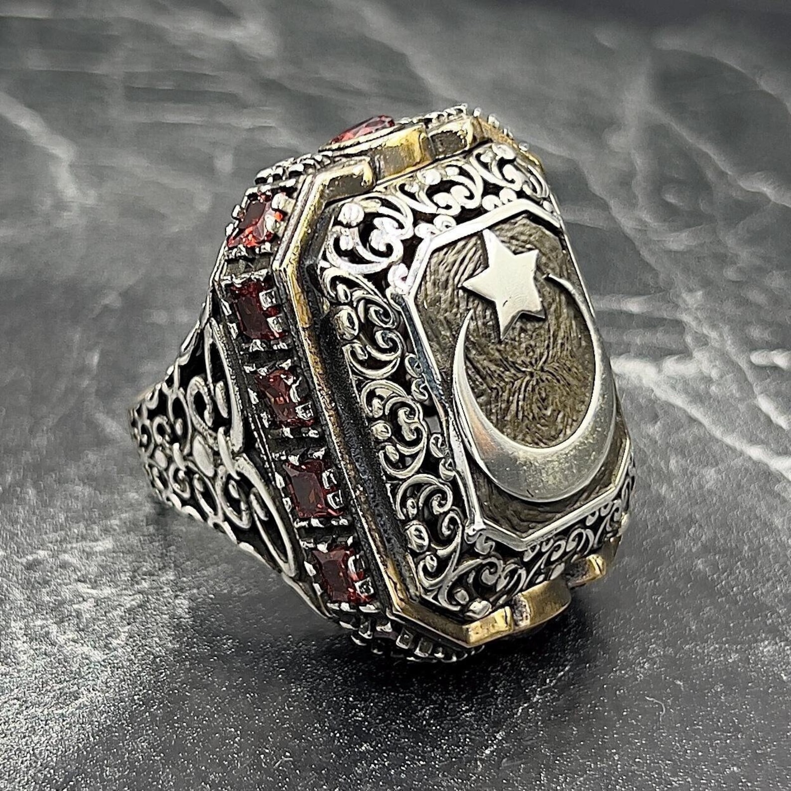 925K Turkish Flag Ring, Sterling Silver Moon & Star Ring, Ottoman Style ...