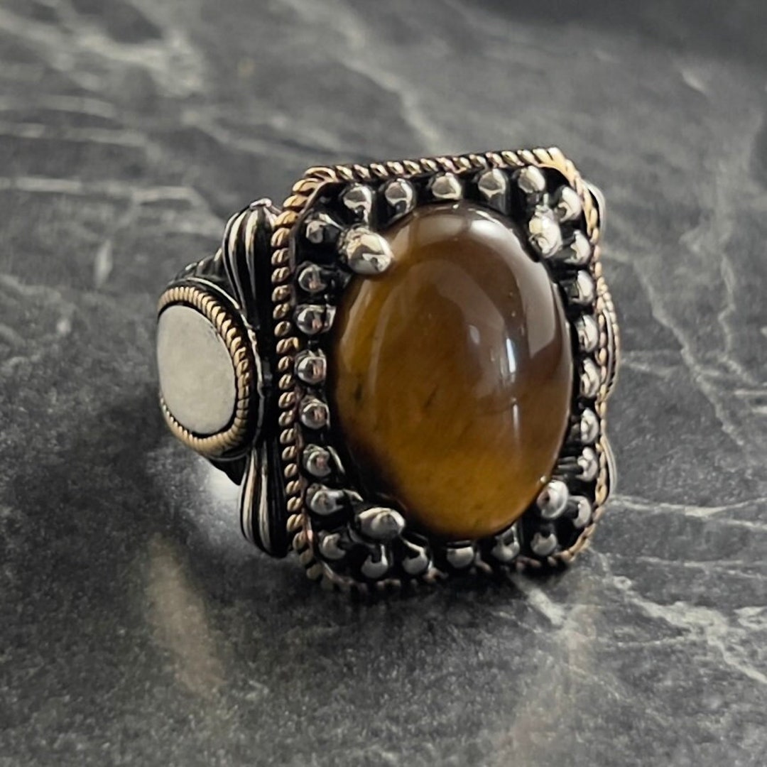 Men Oval Brown Tiger Eye Gemstone Silver Ring, Genuine Brown Stone Ring ...