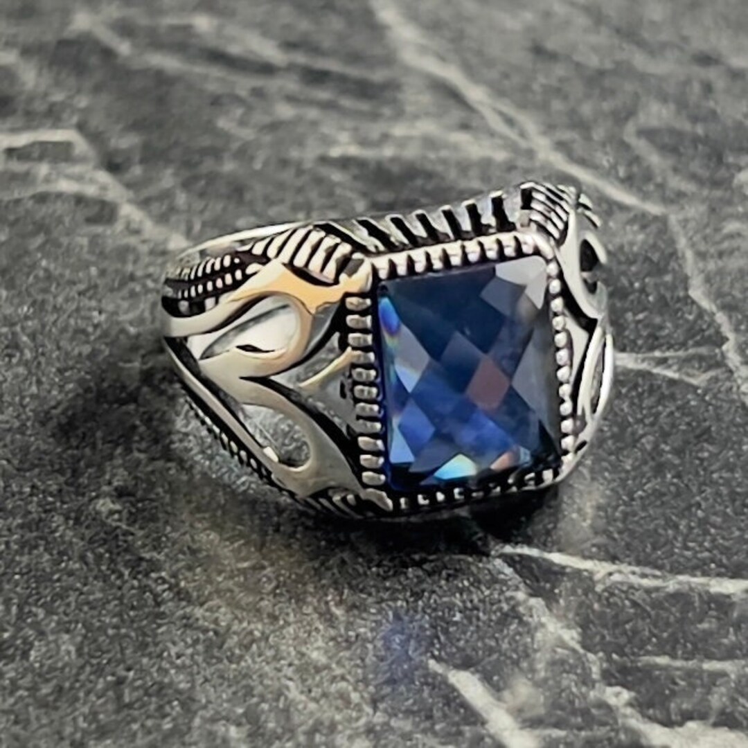 Mens Square Blue Sapphire Gemstone Silver Ring, Natural Dark Blue Stone ...