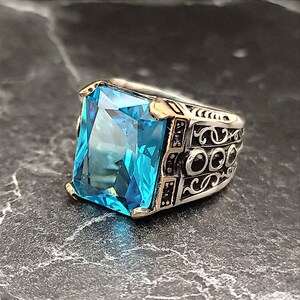 Men Silver Blue Gemstone Ring , Men Handmade Aquamarine Stone Ring ...