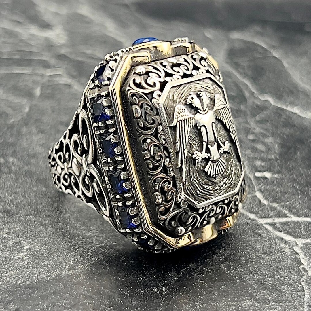 925K Silver Large Eagle Ring, Square Eagle Signet Ring for Men, Ottoman ...