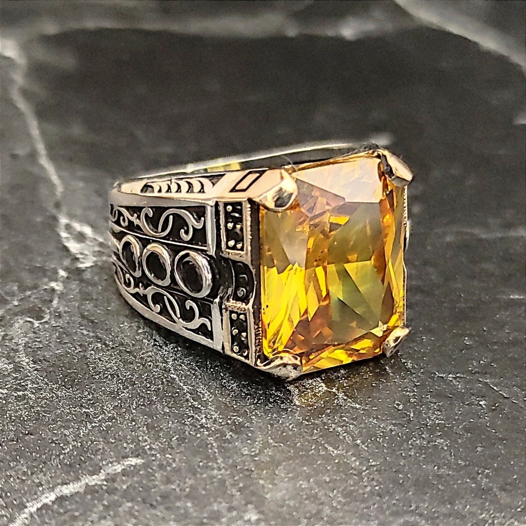 Silver Yellow Citrine Gemstone Ring , Men Citrine Gemstone Silver Ring ...