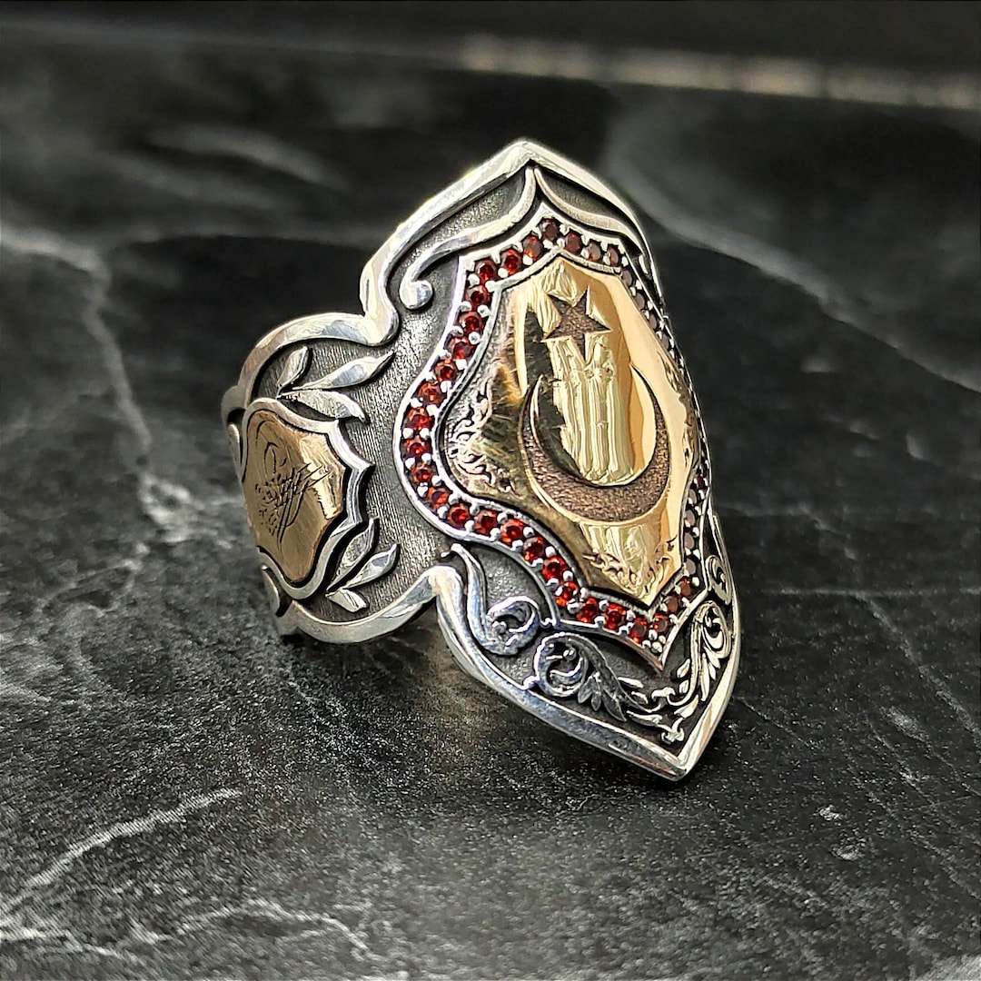 Men Archer Thumb Detailed Silver Ring , Silver Turkish Flag Motif ...