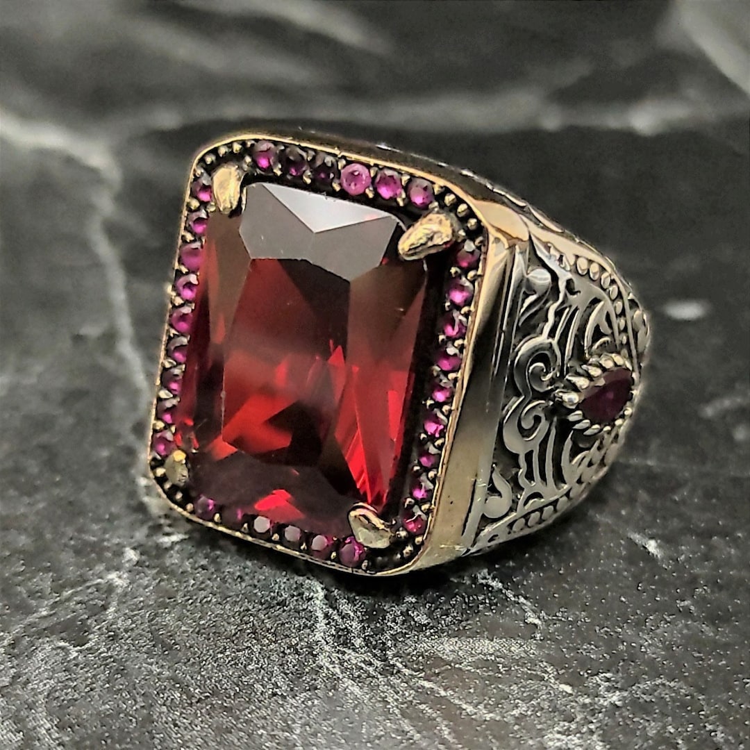 Men Silver Square Red Stone Ring , Silver Red Ruby Gemstone Ring , Men ...